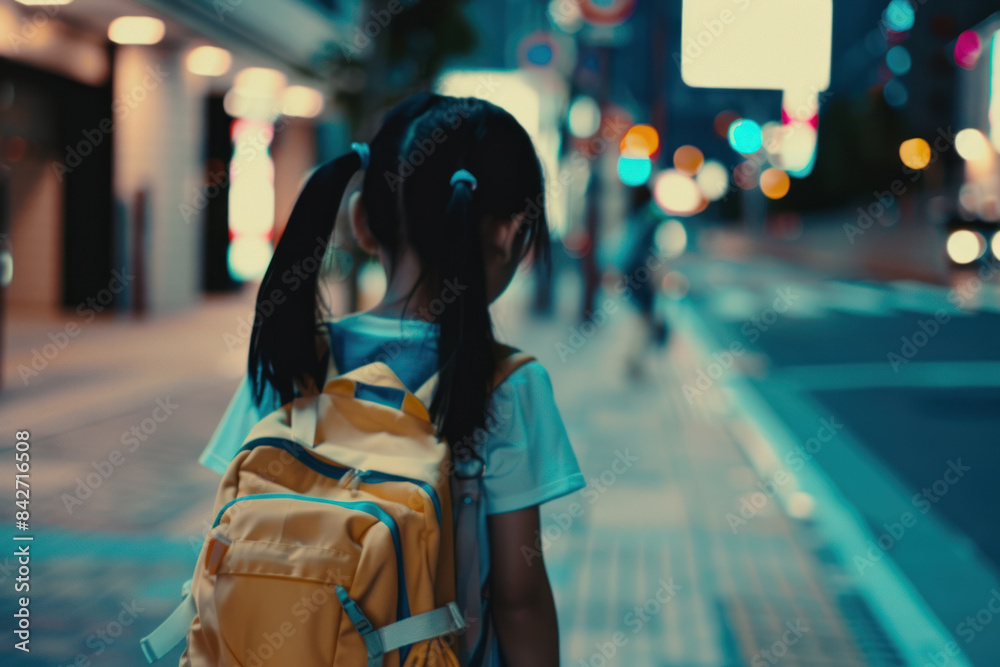 Asian girl with a yellow backpack on her back goes to school, her back is turned. Back to school ...