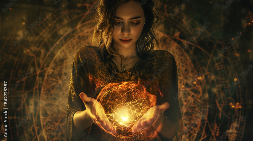 Woman casting a spell with hands illuminated by magical fire, ancient ...