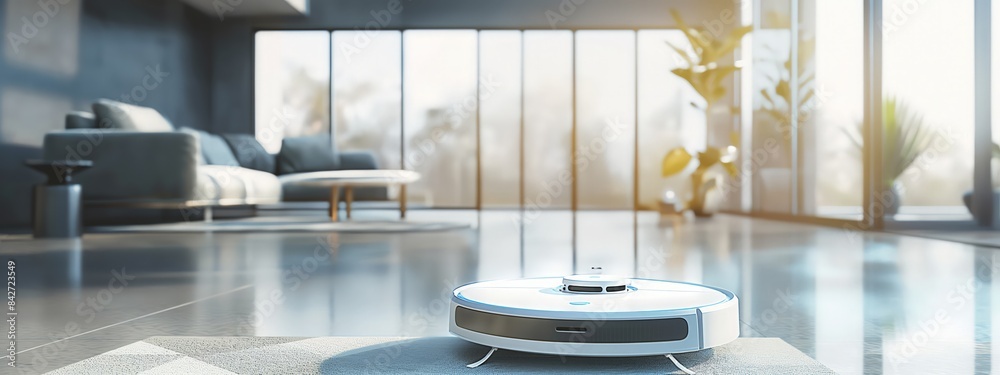Smart robot vacuum cleaner with a holographic interface in a modern ...