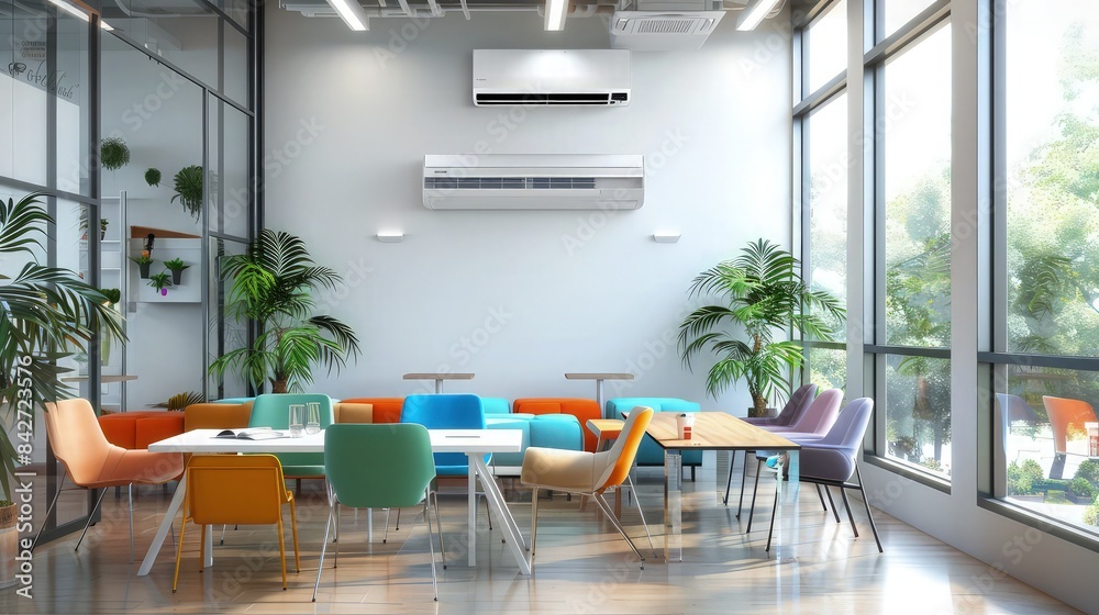 Bright and airy modern office space with a wall-mounted air conditioner ...