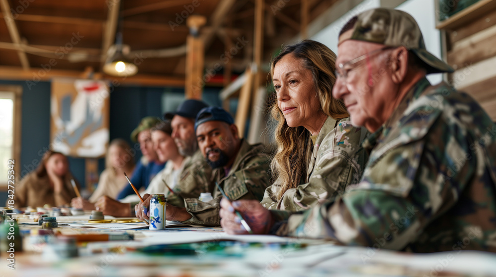 a of a diverse group of veterans participating in an art therapy ...