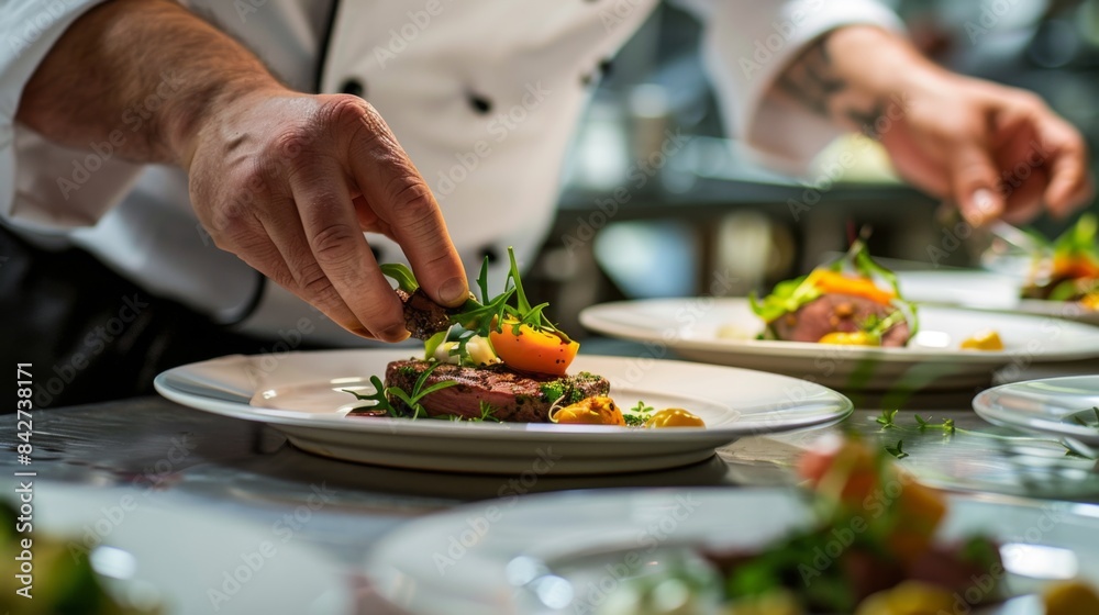 Photograph of a chef plating fine dining dishes on plates in a ...
