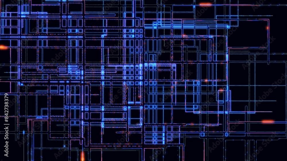 Animation of electronic subway map neon lines move along a given route ...