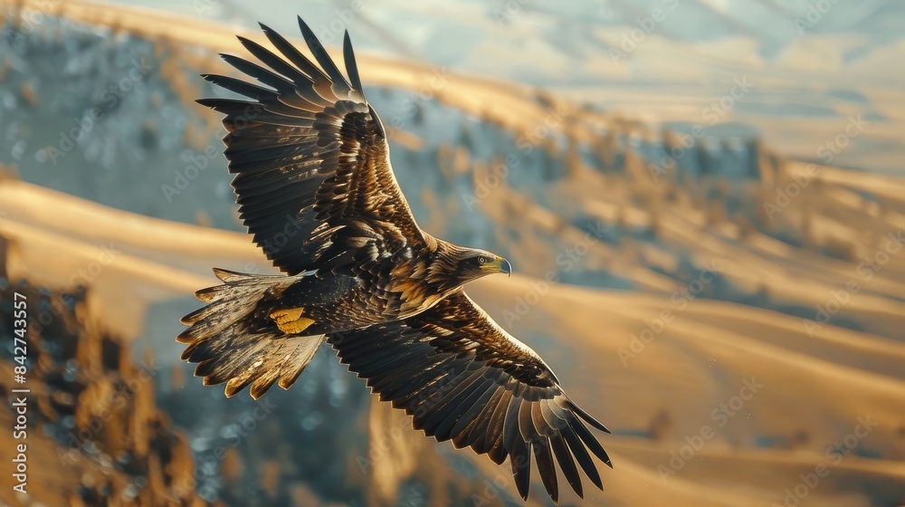 Eye-catching image of an eagle flying with extended wings over a desert ...