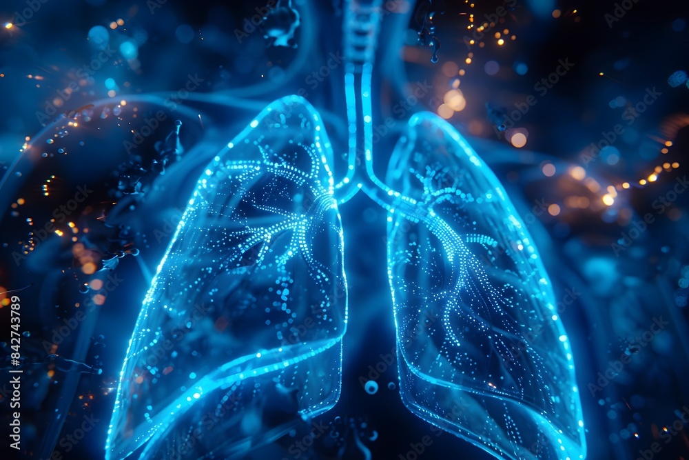 A blue and white image of a human lung with a blue and white background ...