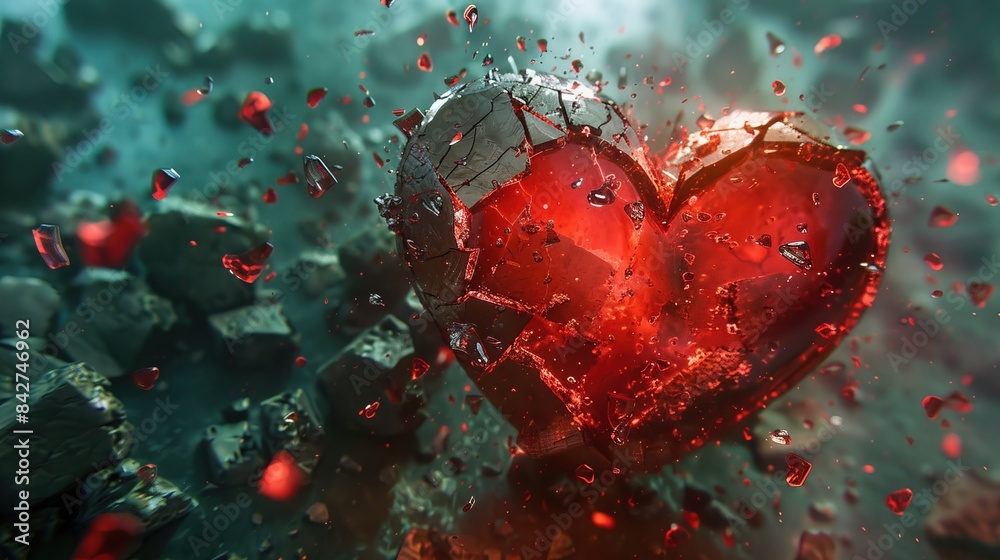 Broken red heart 3d design, exploded shattered into pieces, virtual ...