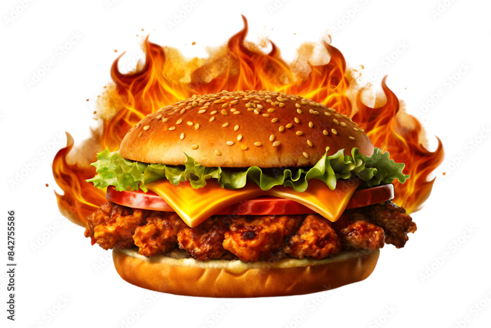 Spicy Chicken Burger Surrounded by Fire - Isolated on Transparent ...