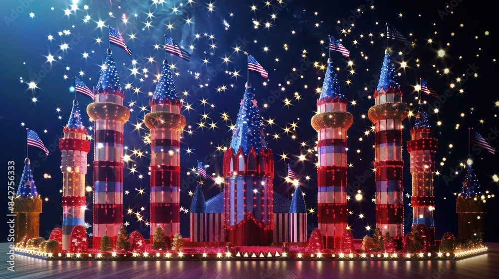 : A grand parade float designed as a patriotic castle, with towers ...