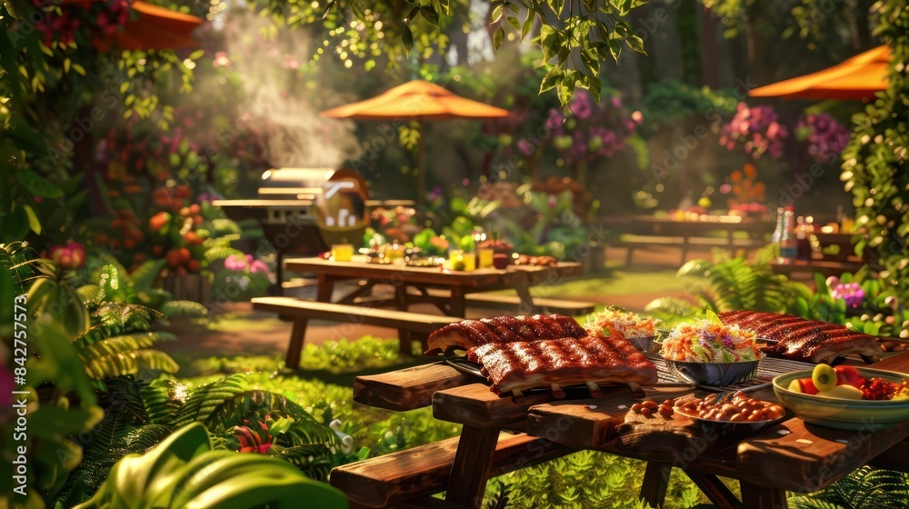 : A lively barbecue scene in a park with a grill smoking away, picnic ...