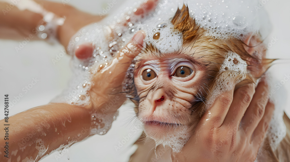Closeup of hands washing a monkey with shampoo. bubbles and water ...