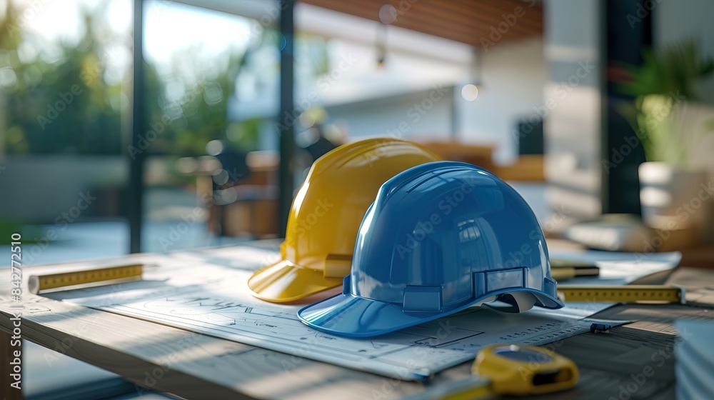The white, blue and yellow safety helmet stacking on table with the ...