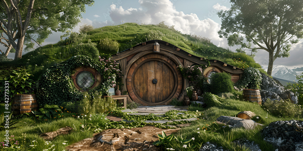 Enchanting hobbit house featuring a round doorway, circular windows ...