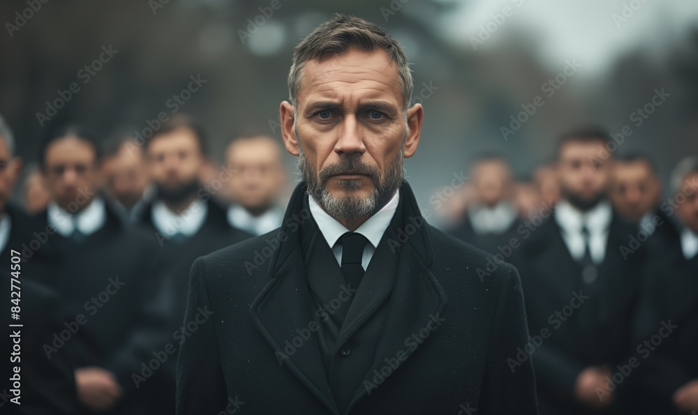 Mature bearded man wearing a black suit among the crowd of men and tie ...