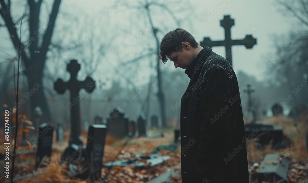 Christian man crying next to a grave with a headstone for a deceased ...