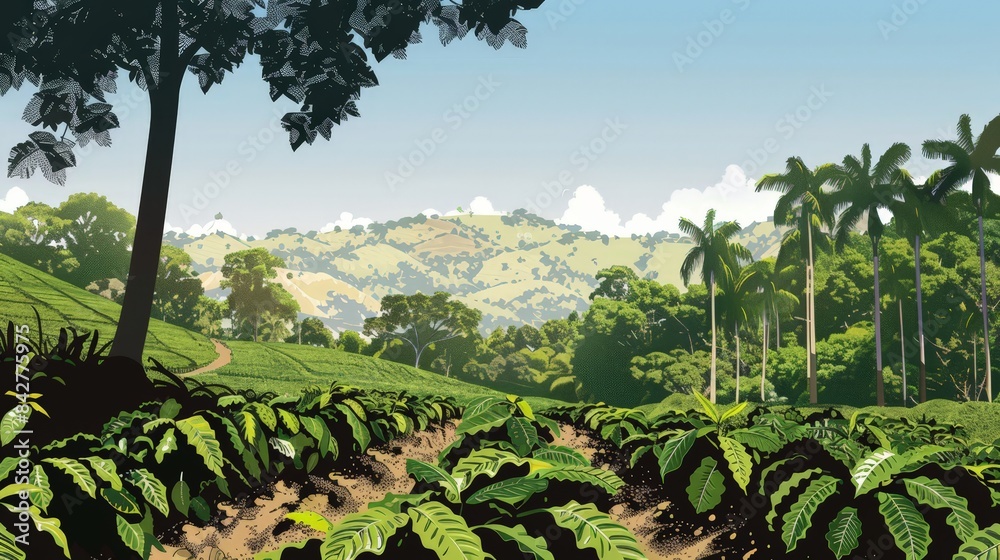 Design a visual of the coffee-growing process, from lush green coffee ...