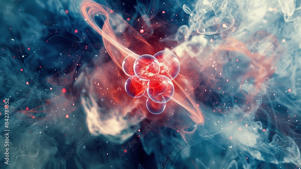Illustrate an atom in a chemical reaction, with electrons being ...
