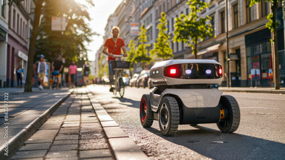 Modern automated food delivery robot drives along a city street ...