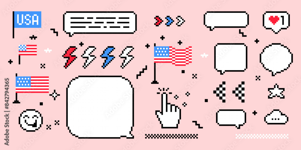 Pixel art. 4th of July text messages illustration set. USA Independence ...