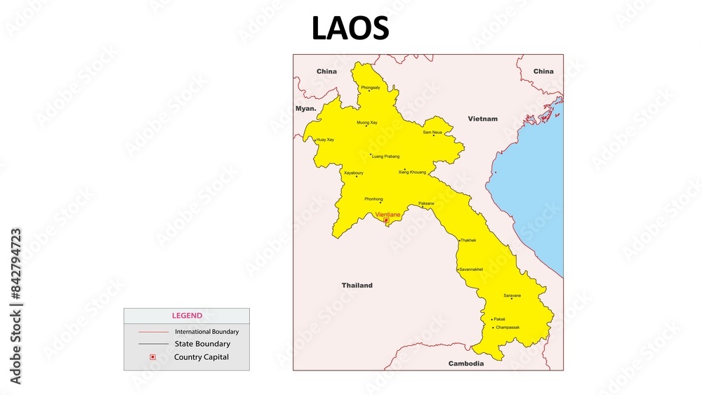 Laos Map. Major city in Laos. Political map of Laos with border and ...