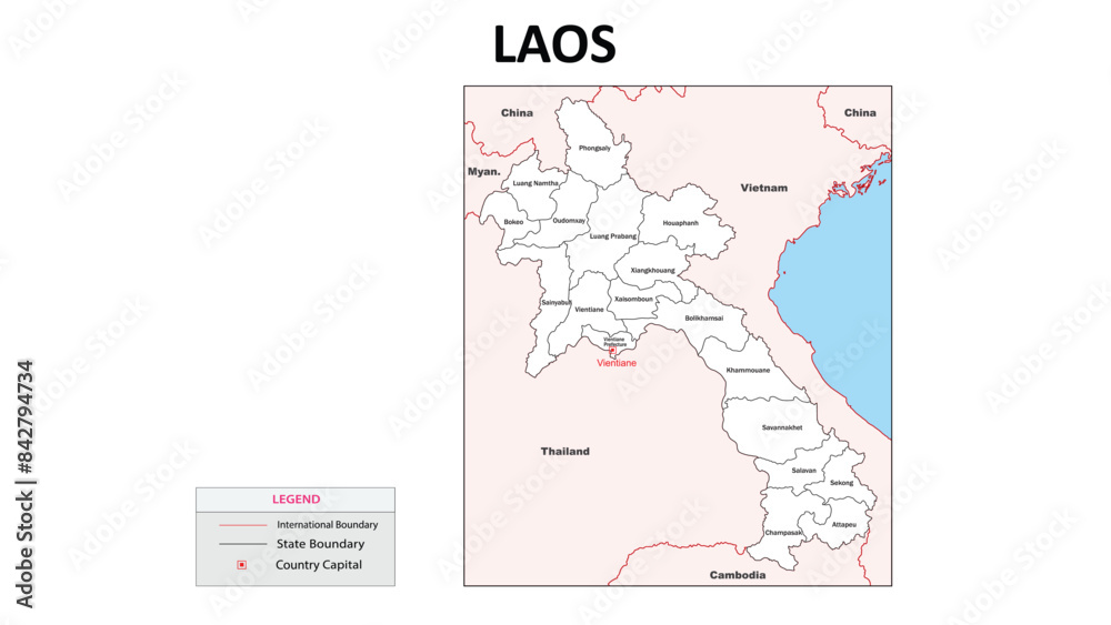 Laos Map. State map of Laos. Administrative map of Laos with state and ...