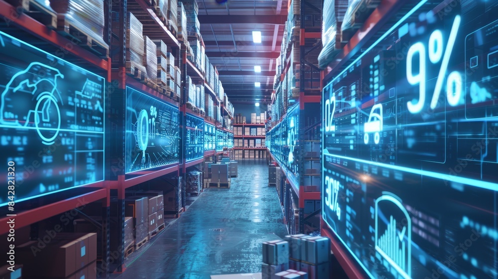 Holographic warehouse with boxes and pallets goods on shelves, digital ...
