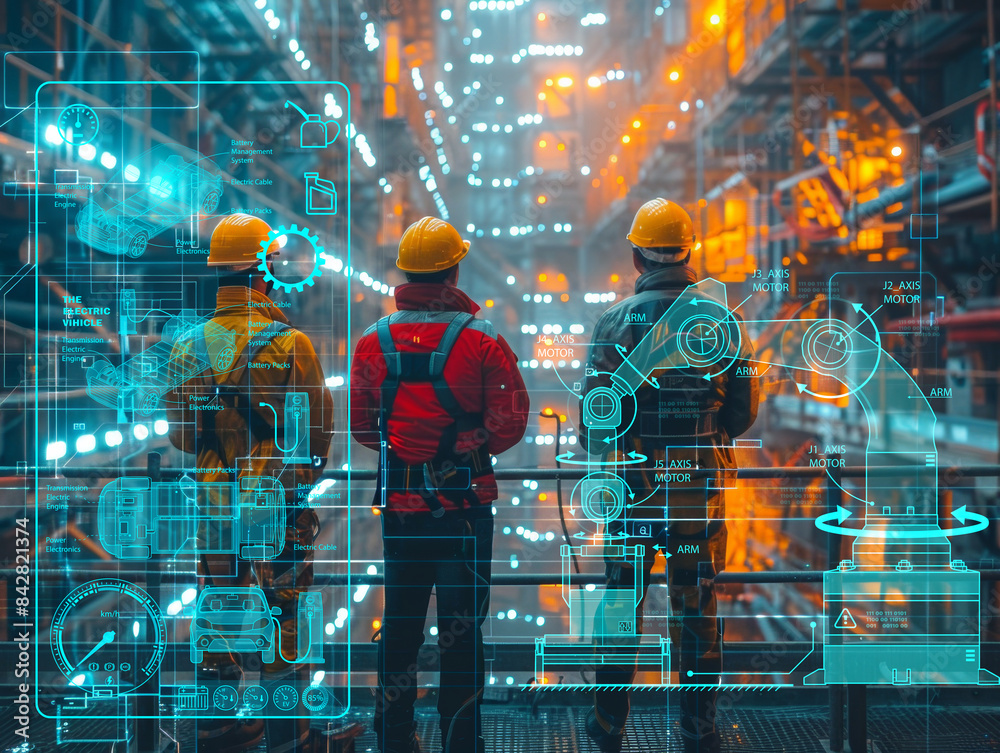 engineer stands amidst wind turbines and solar panels, representing ...