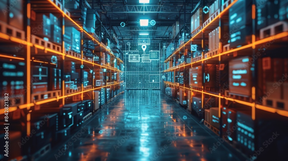 Holographic warehouse with boxes and pallets goods on shelves, digital ...