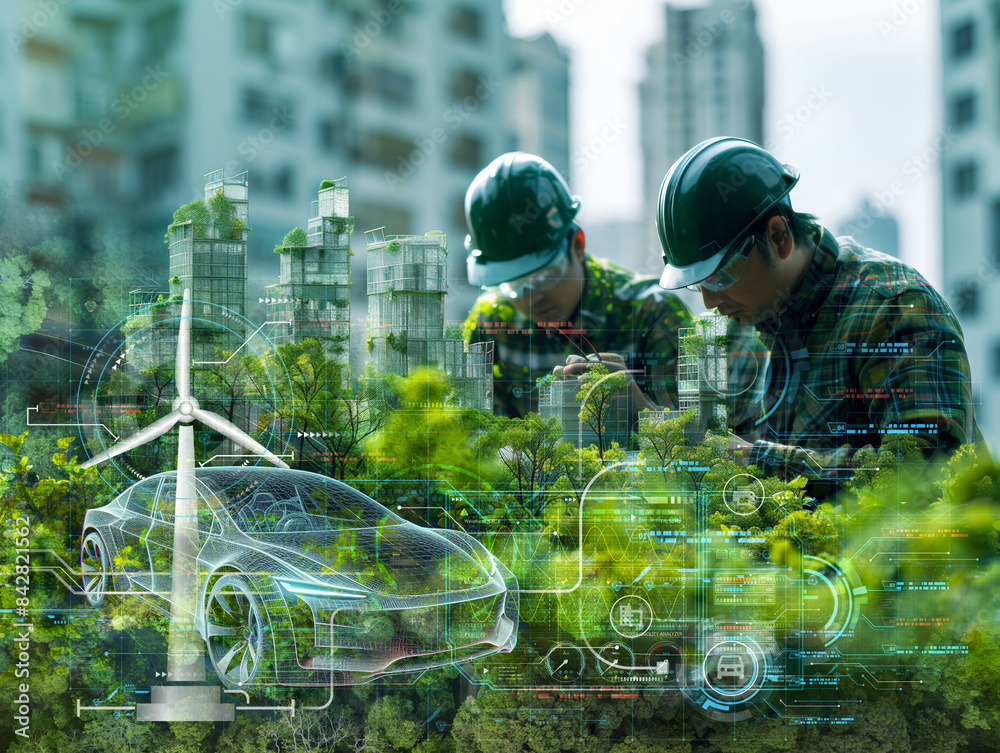 engineer stands amidst wind turbines and solar panels, representing ...