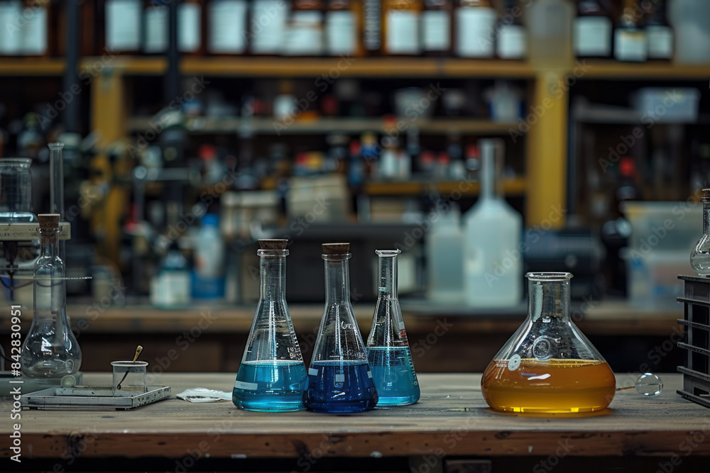 Simple design of assorted reagents in flasks and beakers, poised for ...