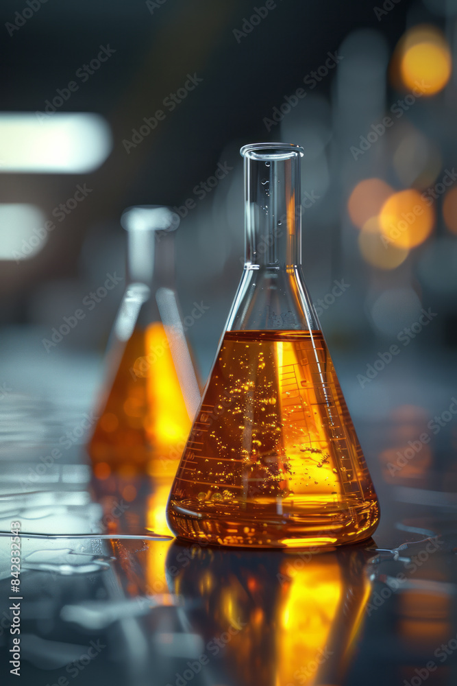 Clean and elegant depiction of reagents in Erlenmeyer flasks, ready for ...