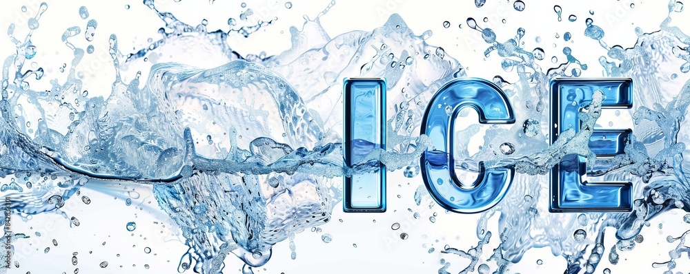 Blue "Ice" text with dynamic water splash, representing freshness ...