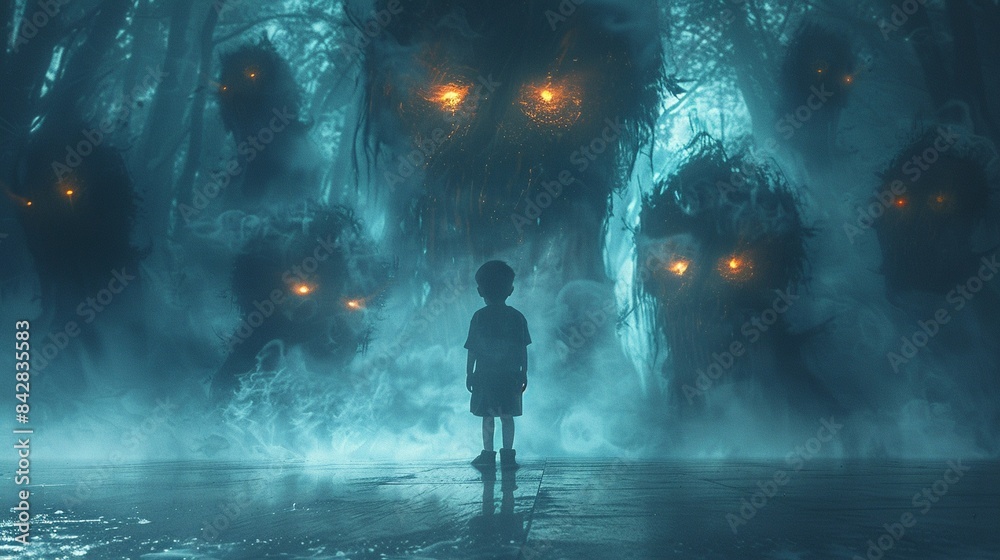 Foto de Child standing before menacing shadow beings with bright eyes ...