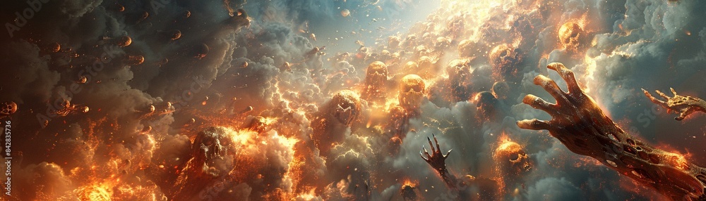 Mass of undead creatures reaching out to a radiant, turbulent sky with swirling clouds and fiery ...