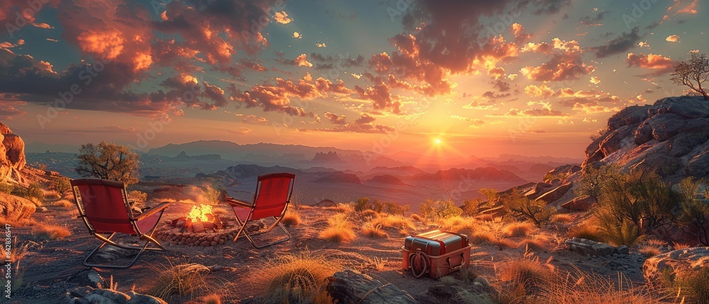 Sunset camping scene with chairs around a fire, grill setup, and scenic ...