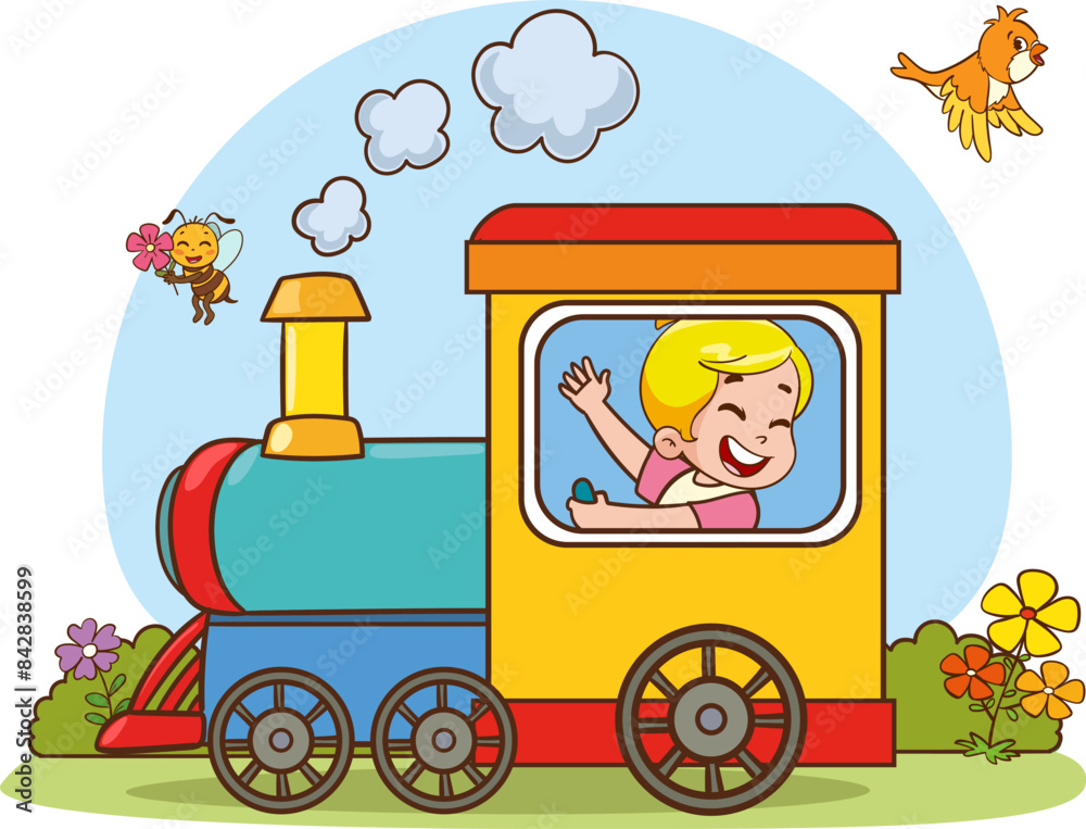 Vector illustration cartoon of happy kids with the train.Funny Children ...