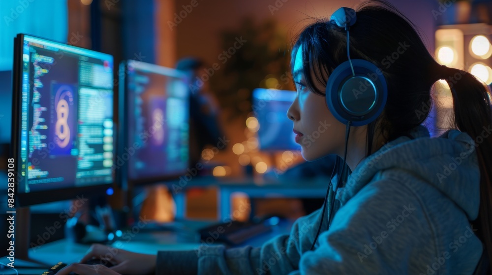 Game Programmer Asian Writing Code On Desktop Computer In Diverse ...