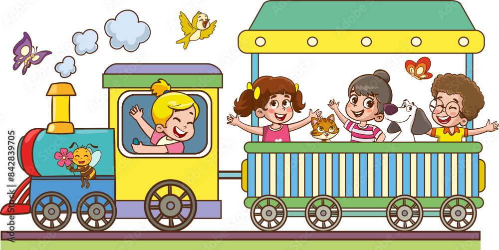 Vector illustration cartoon of happy kids with the train.Funny Children ...