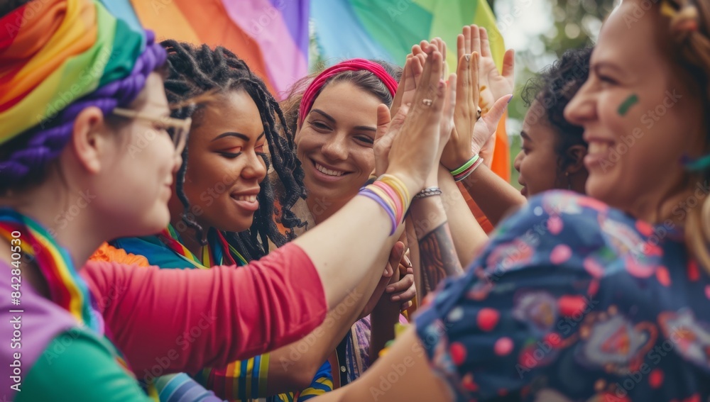 Diverse group wearing rainbow colors, high-fiving in a workshop with ...