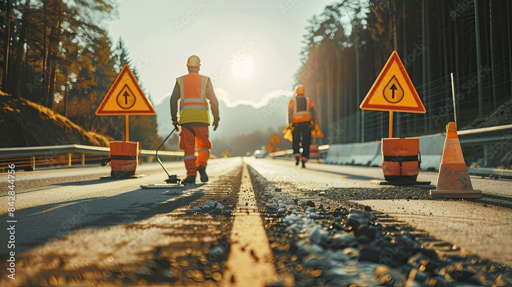 Engineers fixing a road with a layered image of safety signs and ...