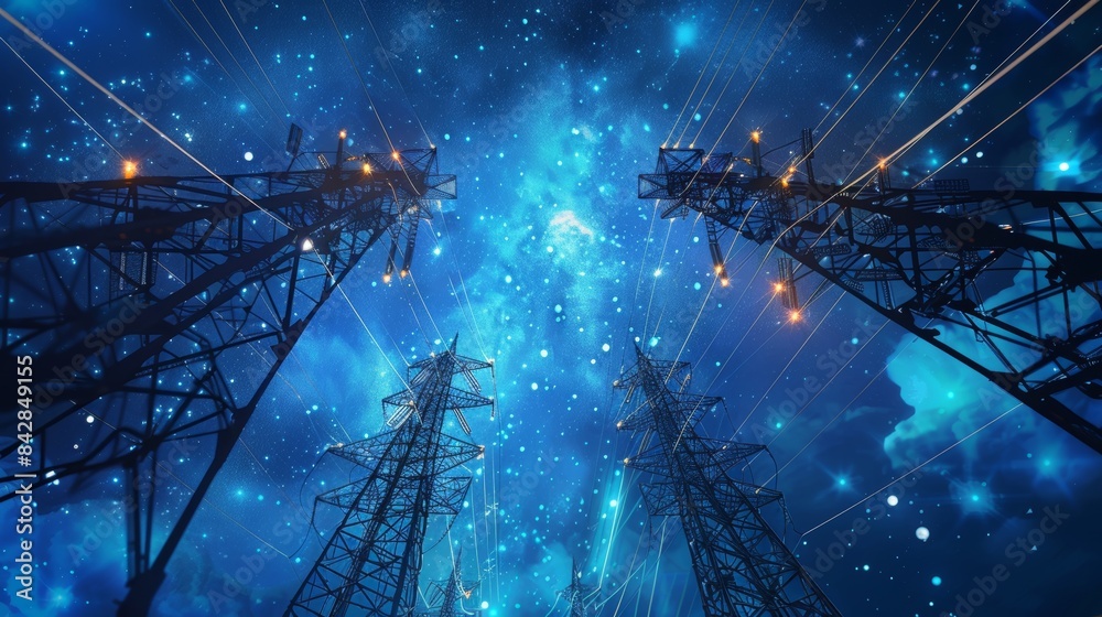 Electricity Transmission Lines Rendering in 3D. Electronic Solar Cells ...