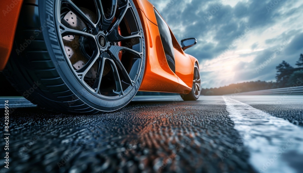 Close up of car wheels on asphalt road, speed and motion blur, sports ...