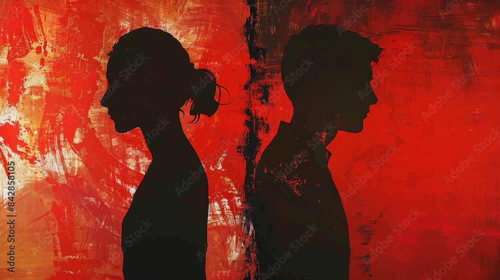 An artistic portrayal of a couple in conflict, their silhouettes facing ...
