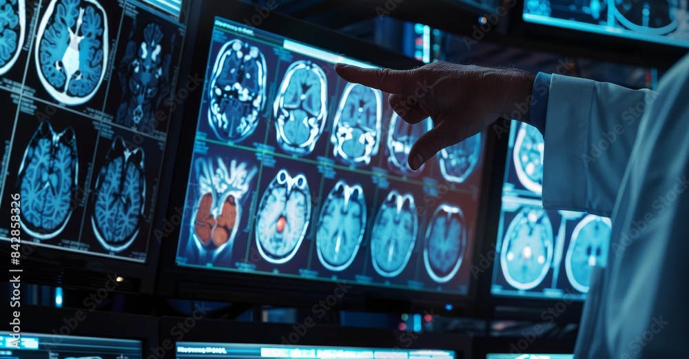 Neurosurgeon looking for impacted areas in the brain after an MRI scan ...