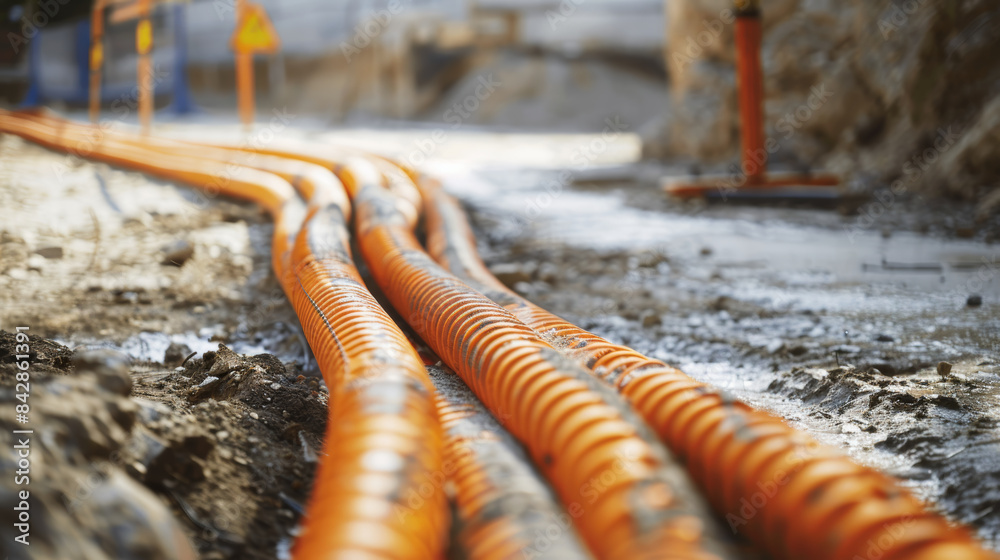 Bright orange pipes lie along a rugged construction path, symbolizing ...