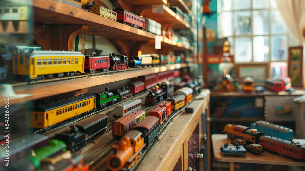 Shelves brimming with colorful toy trains create a nostalgic and ...
