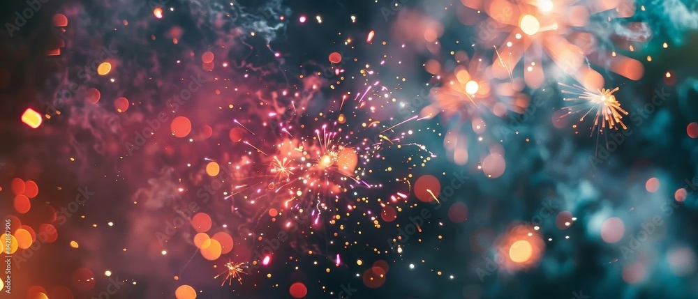 Brightly colored fireworks exploding in the night sky, captured from an ...