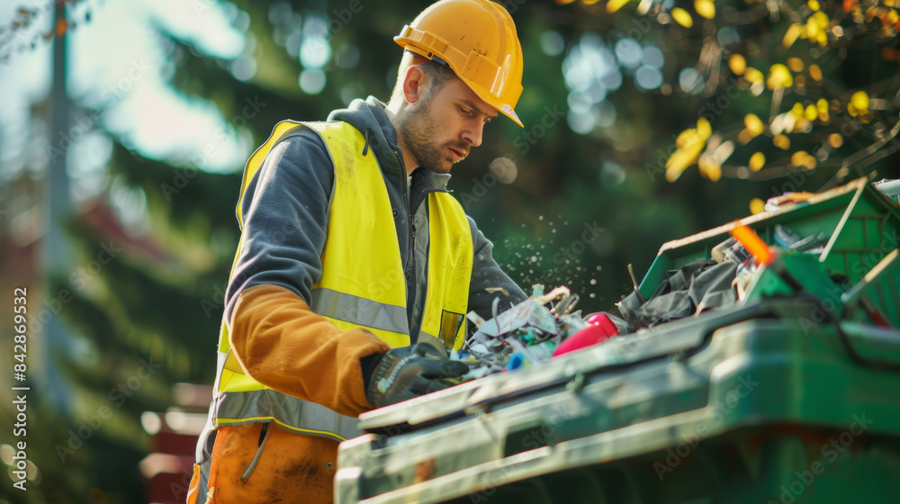 Another sanitation worker is deeply focused on sorting through garbage ...