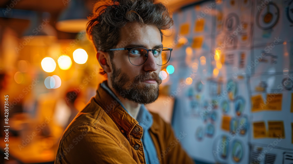 Portrait, realistic photo of a young startup founder working late ...