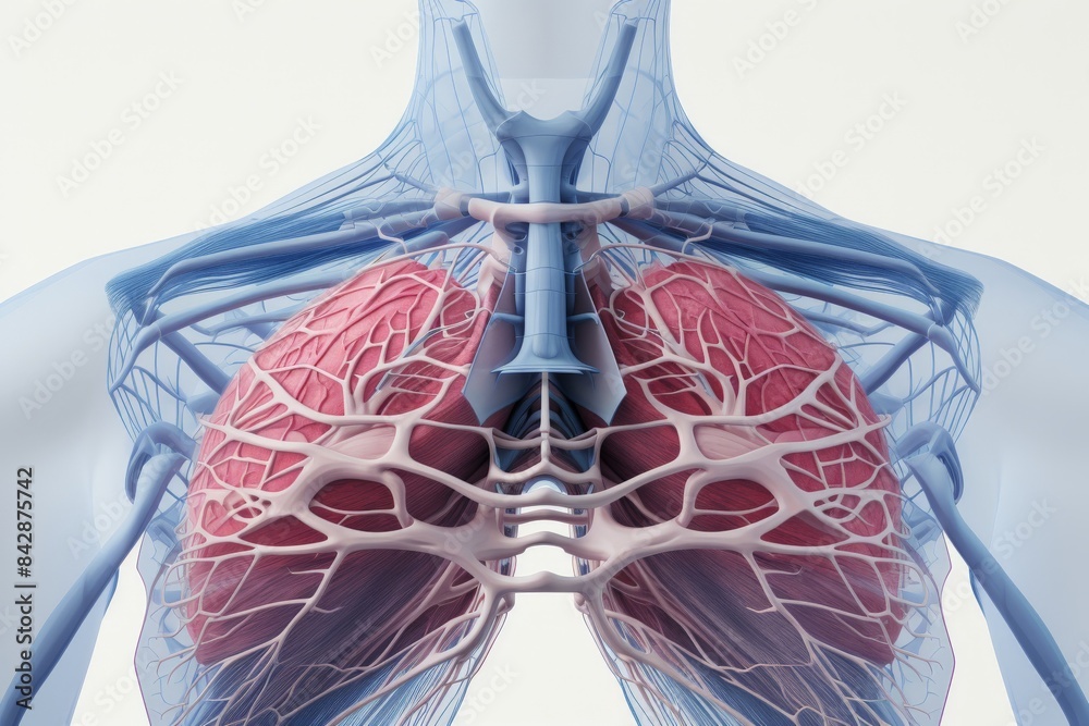 Detailed 3D illustration of the human respiratory system showing lungs ...