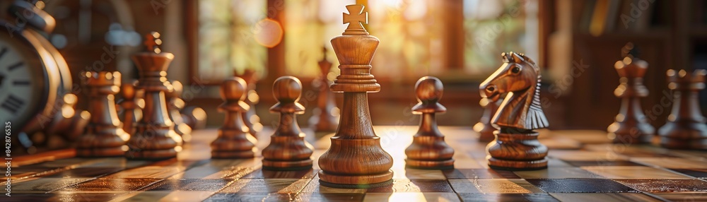 Wooden chess pieces and a timer, captured in a moment of play with warm ...